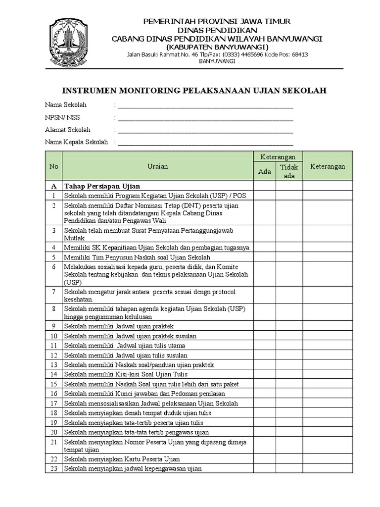 Iinstrumen Monitoring Ujian Sekolah - 2021 | PDF