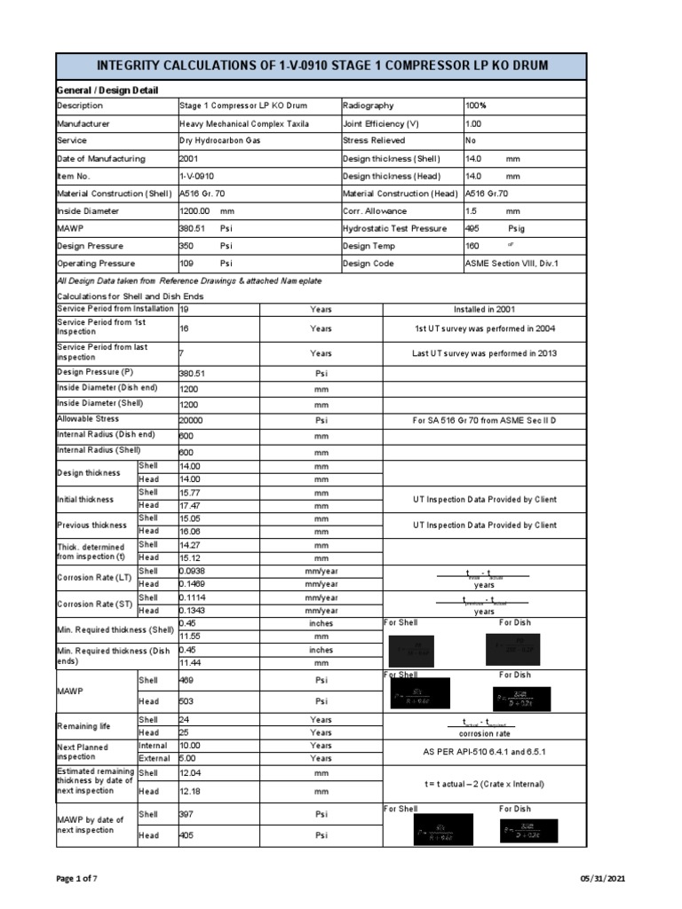 Plant Pressure Vessels Calculation Sheet | PDF | Pounds Per Square Inch ...