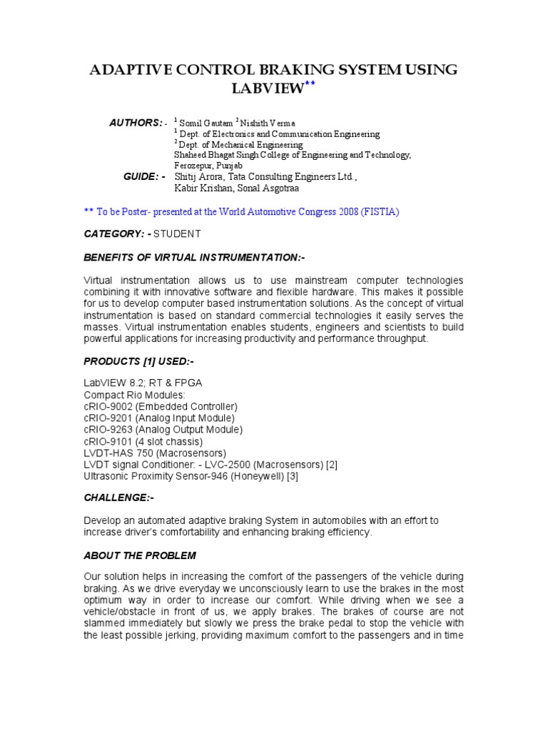 Adaptive Braking System Using Labview | PDF | Brake | Sensor