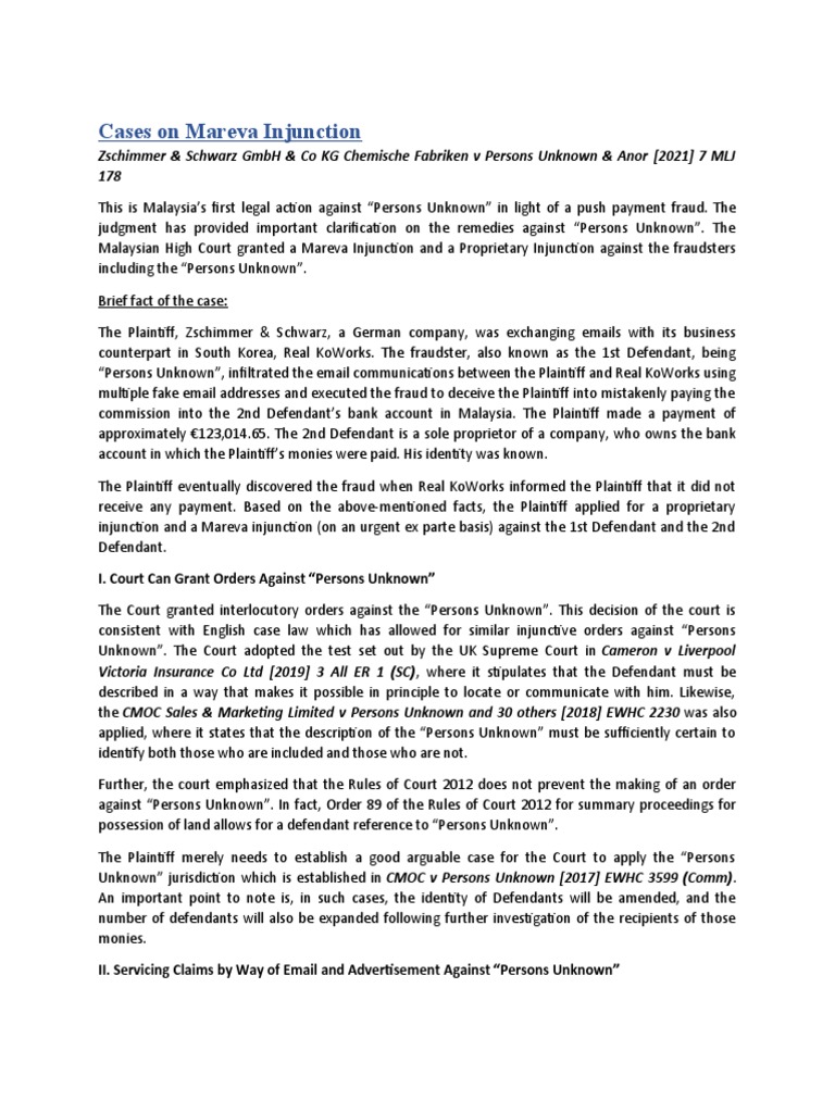 Cases On Mareva Injunction | PDF | Injunction | Jurisdiction