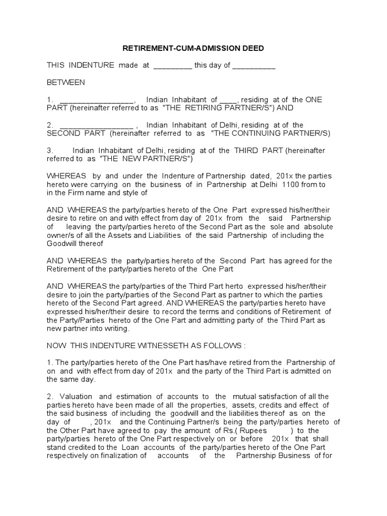 Retirement-Cum-Admission Deed Template | PDF | Partnership | Arbitral ...