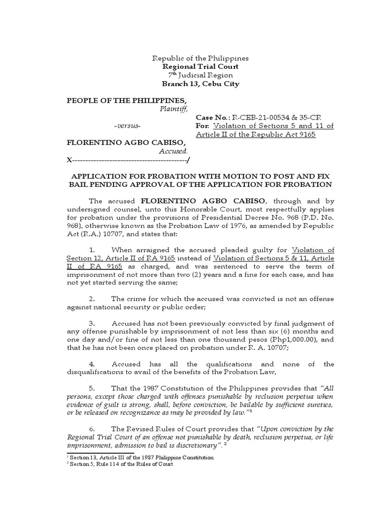 Probation Application and Bail Motion | PDF | Bail | Probation