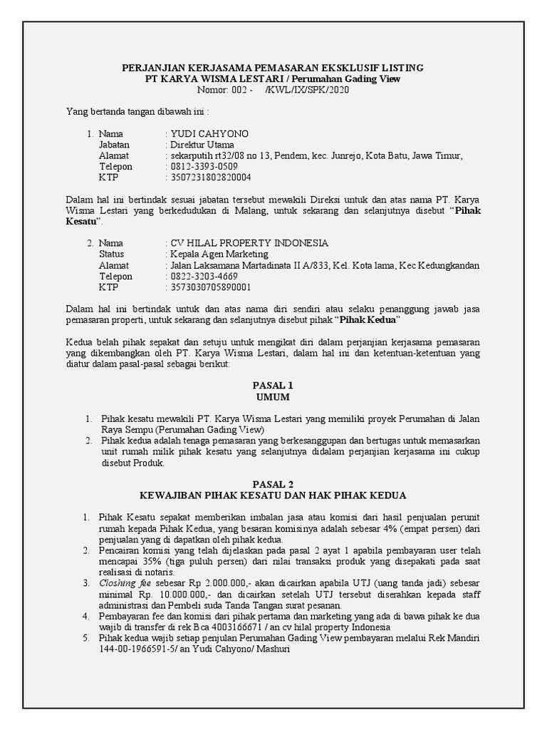 Kontrak Kerjasama Marketing | PDF