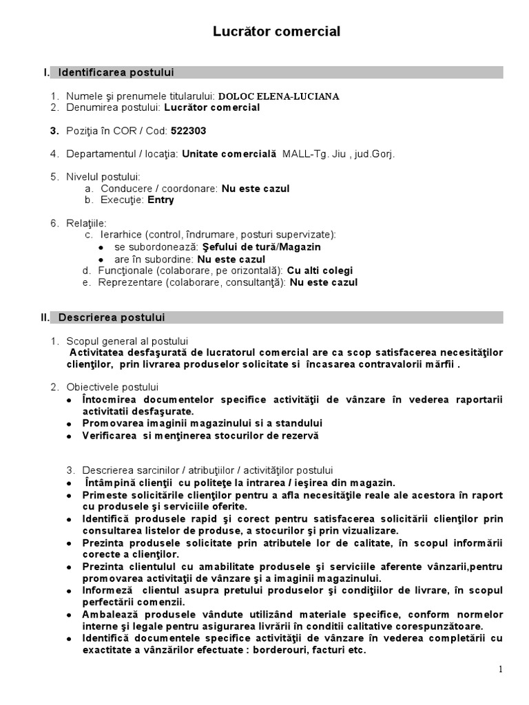 Fisa Post Lucrator Comercial | PDF