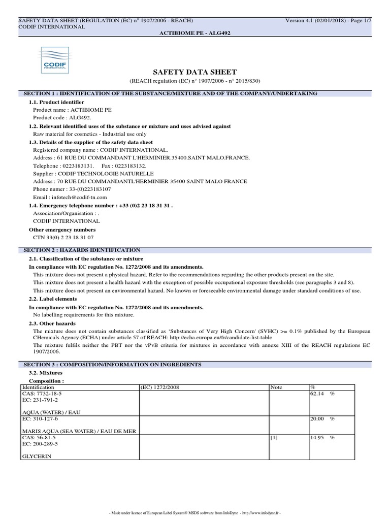 Alg492 Actibiome Pe Msds Version 4.1 | PDF | Dangerous Goods | Safety