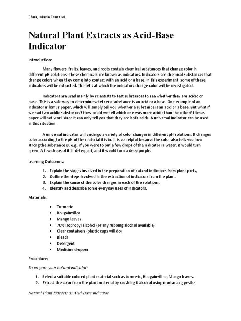 Natural Plant Extracts as pH Indicators | PDF | Acid | Chemical Compounds