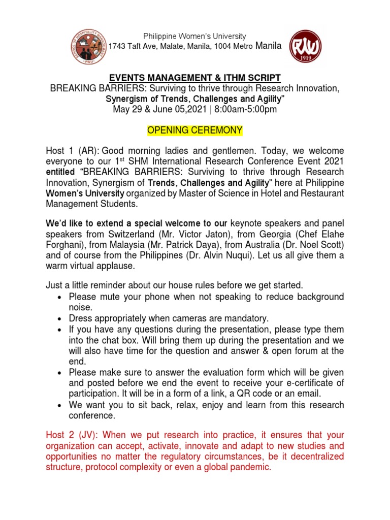 Research Conference Script Day01 | PDF | Chef | Tourism