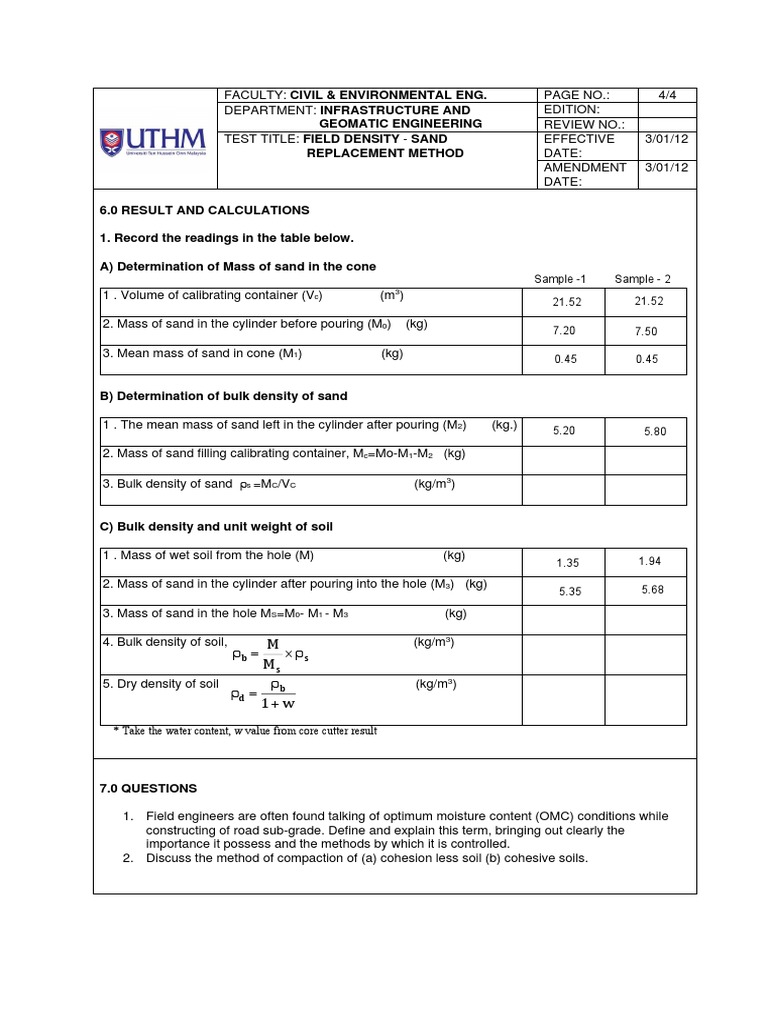 U5A. SANDREPLACEMENT METHOD (Rev-1) | PDF | Density | Soil