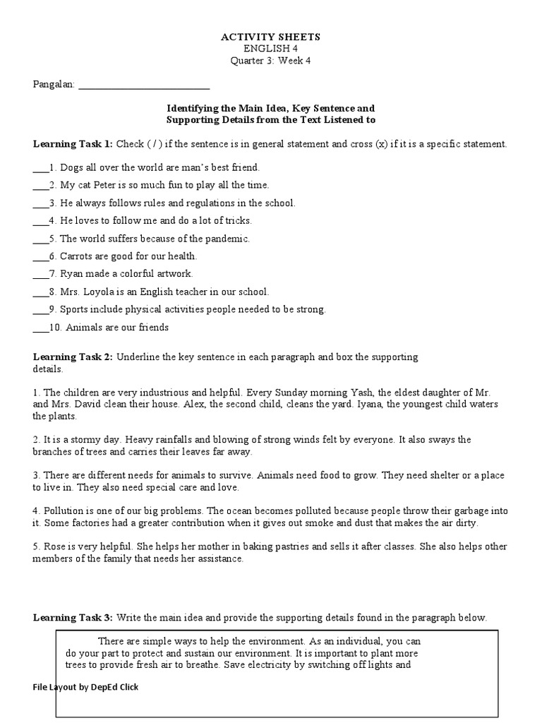 ENGLISH 4 Activity Sheet Q3 W4 | PDF | Natural Environment | Nature