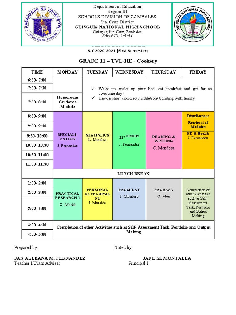 Class Program: GRADE 11 - TVL-HE - Cookery | Download Free PDF ...