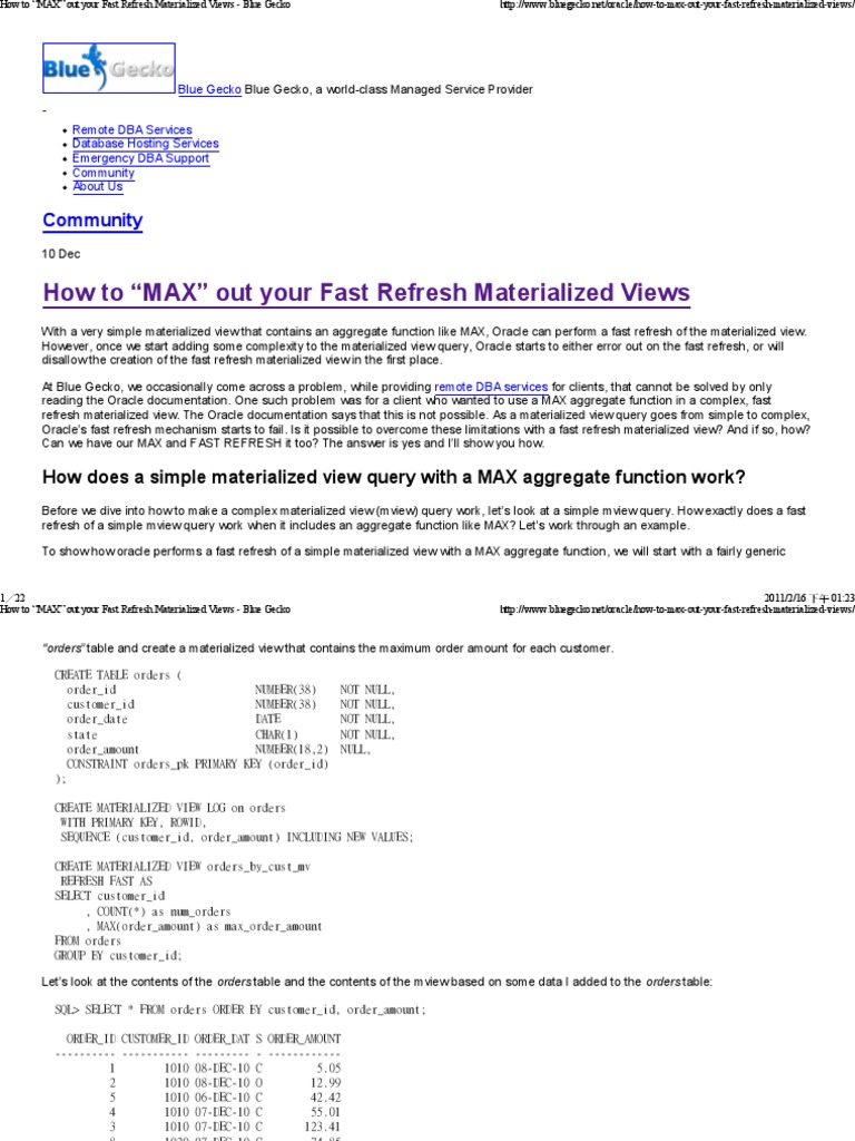 How To "MAX" Out Your Fast Refresh Materialized Views - Blue Gecko | PDF | Oracle Database ...