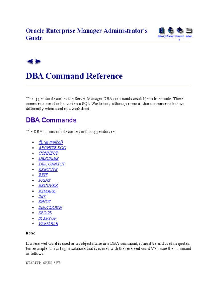 DBA Command Reference: Oracle Enterprise Manager Administrator's Guide ...