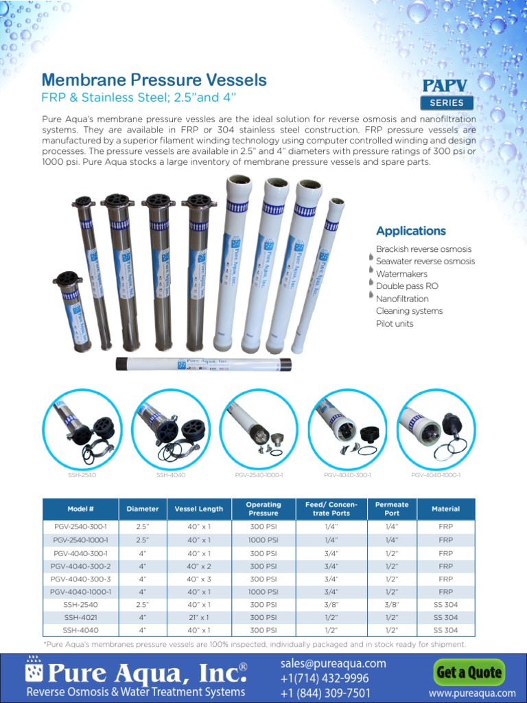 Reverse Osmosis Pressure Vessels Papv Series | PDF | Membrane ...