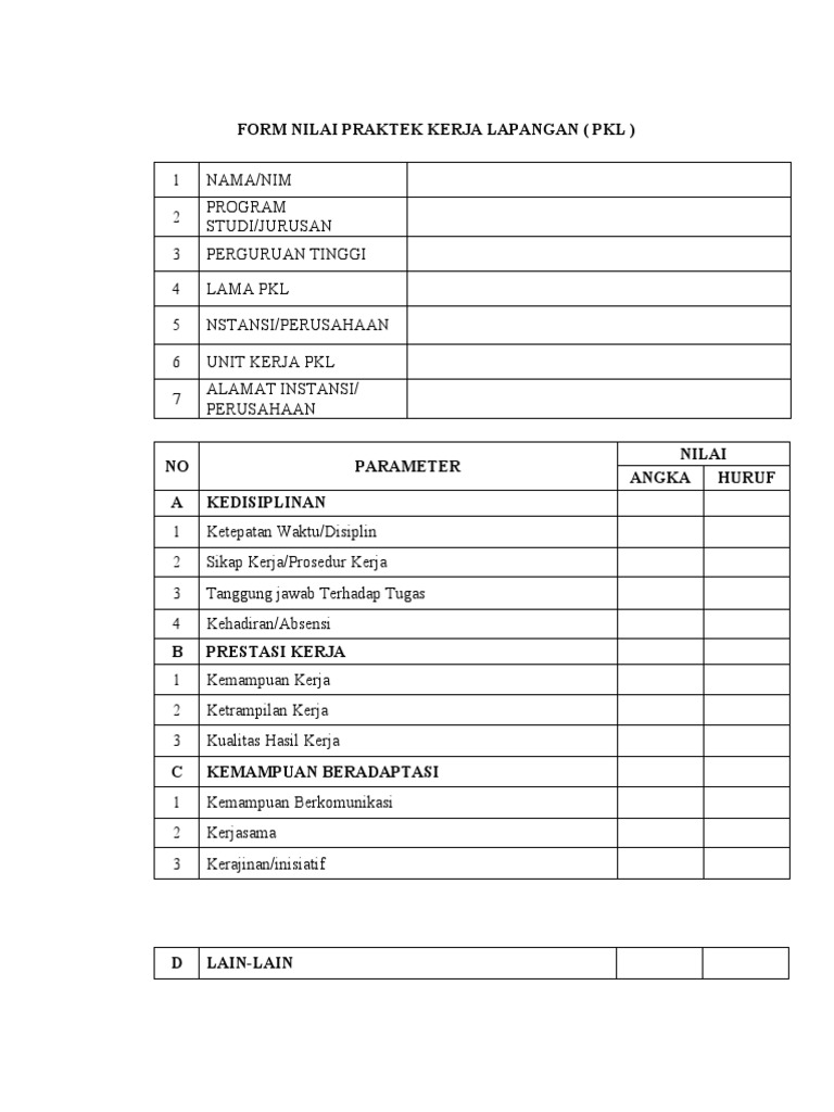 Form Nilai PKL BSI | PDF