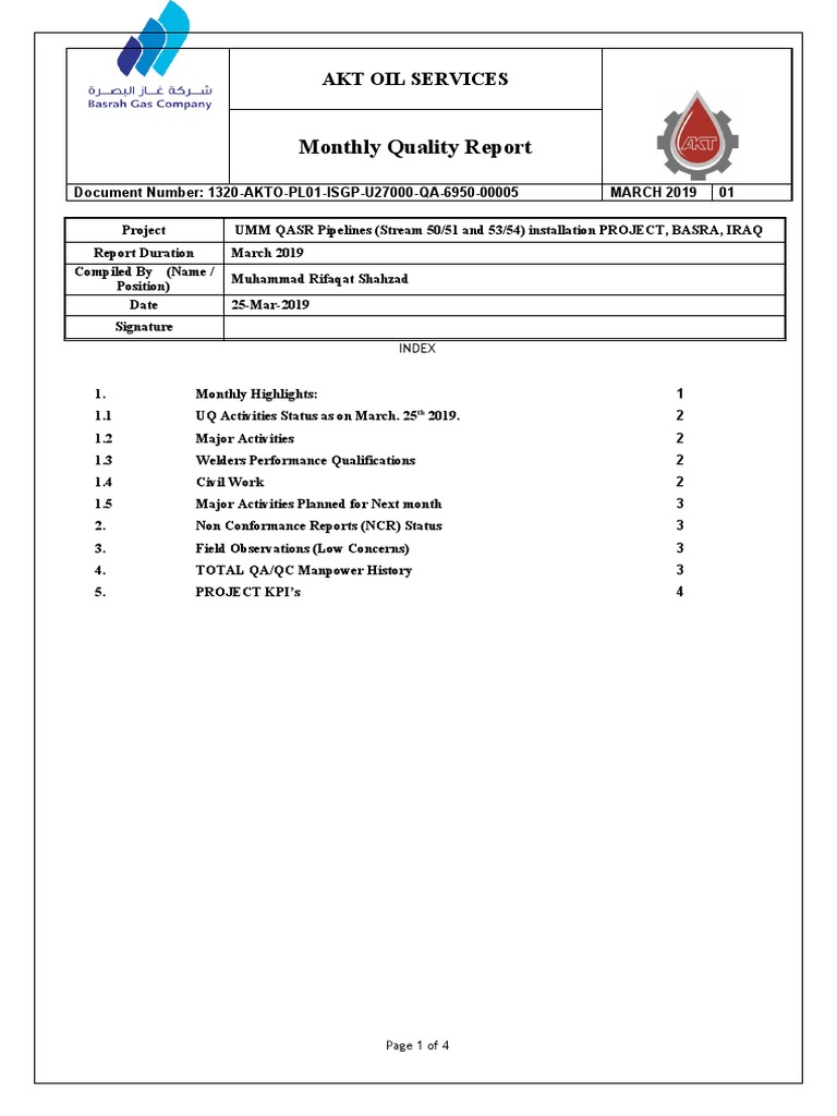 Monthly Quality Report: Akt Oil Services | PDF | Electric Heating | Joining