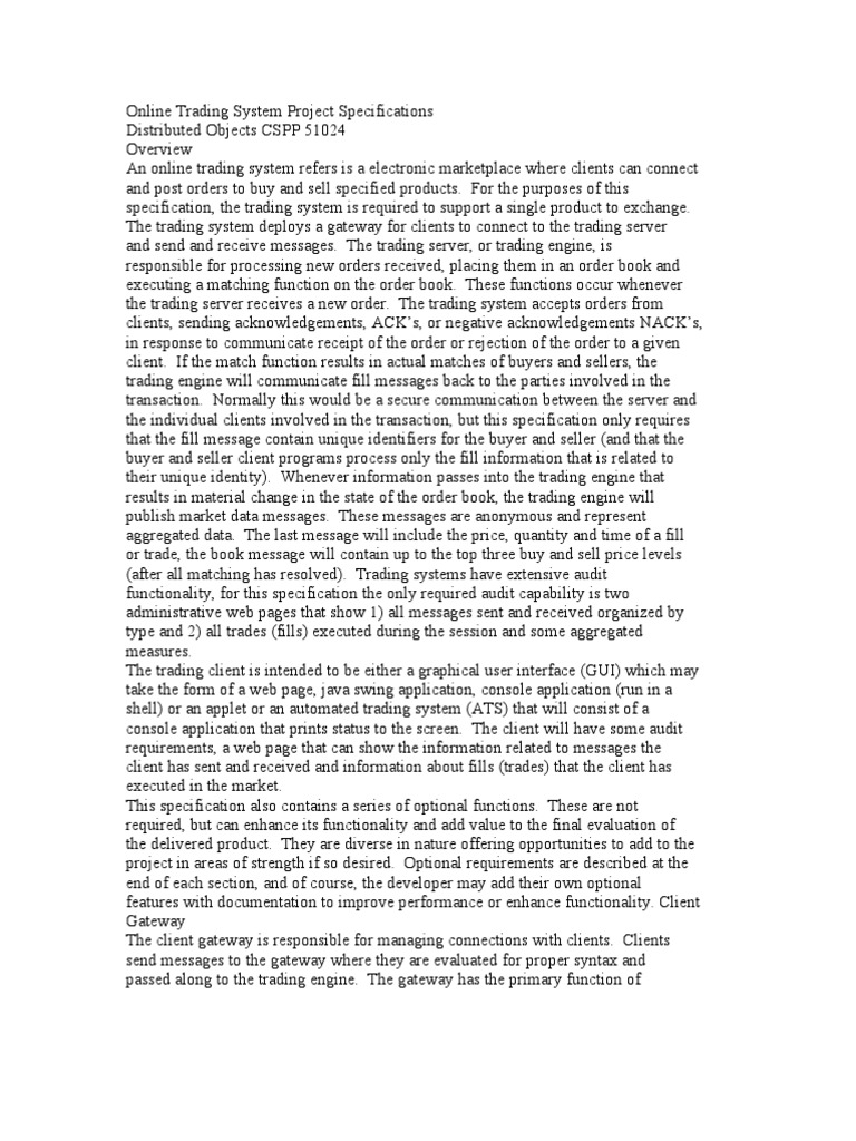 Online Trading System Specifications | PDF | Order (Exchange) | Integer ...