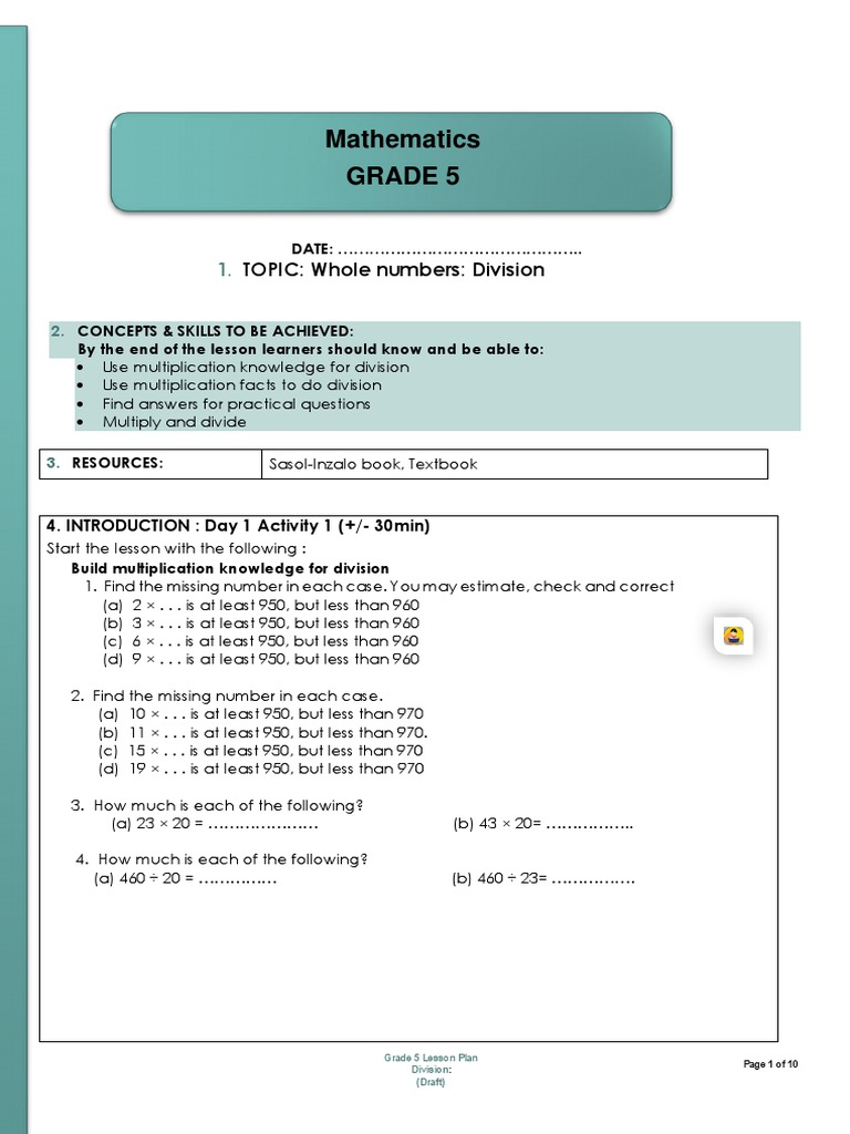 Lesson Plan Grade 5 Mathematics Term 2 Week 2 | PDF | Multiplication | Learning