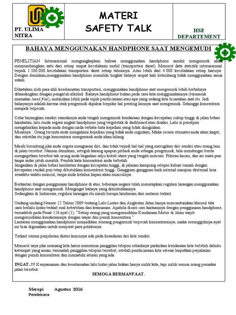 Safety Talk Bahaya Menggunakan Handphone Saat Mengemudi 02 Agustus 2016 ...