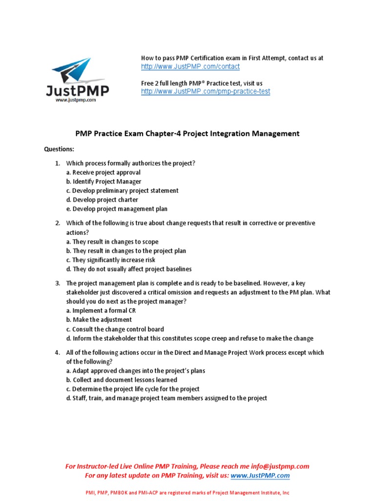 PMP Chapter 4 Test Project Integration Management | PDF