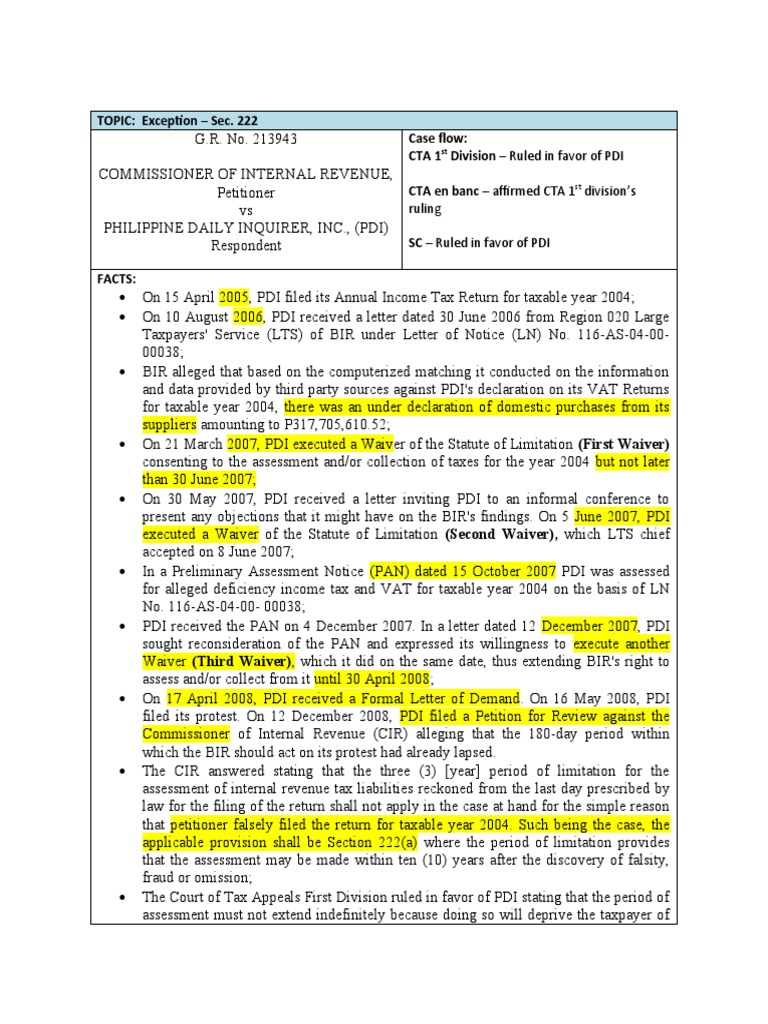TOPIC: Exception - Sec. 222 Case Flow: Cta 1 Division - Ruled in Favor ...