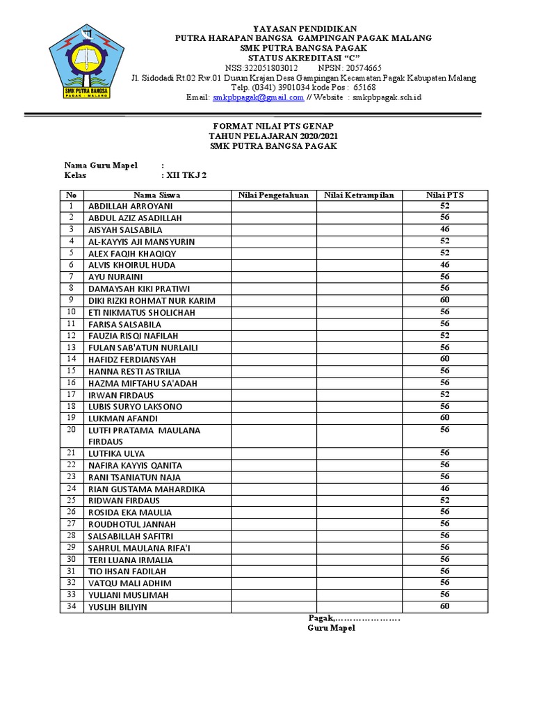 Format Nilai PTS SMK Putra Bangsa | PDF