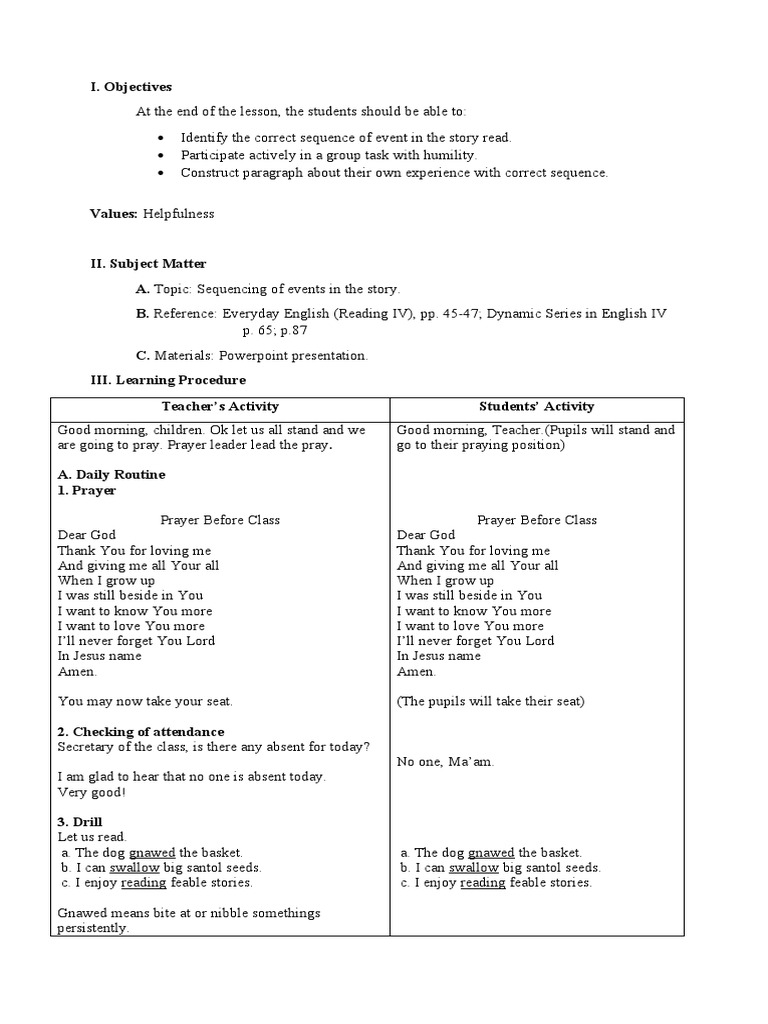 Sequencing Events Lesson Plan for Grade 1 | PDF | Prayer