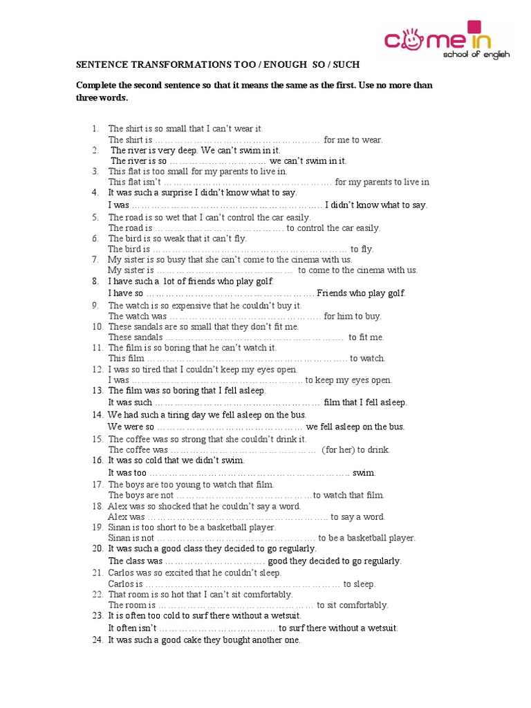 Sentence Transformations Too Enough So Such | PDF