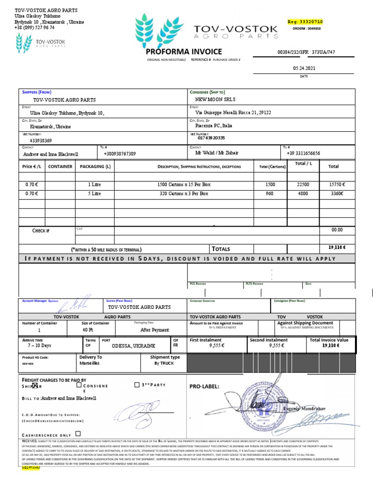 Proforma Invoice: Cartons) | PDF | Cargo | Bill Of Lading
