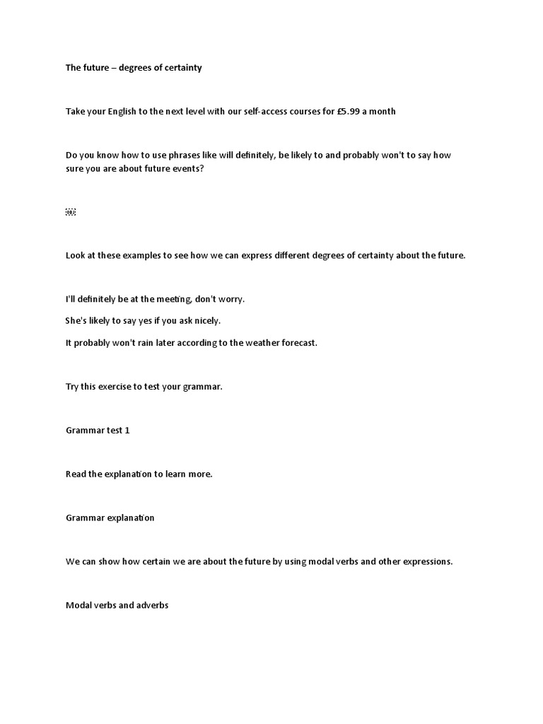 The Future - Degrees of Certainty | PDF | Verb | Adverb