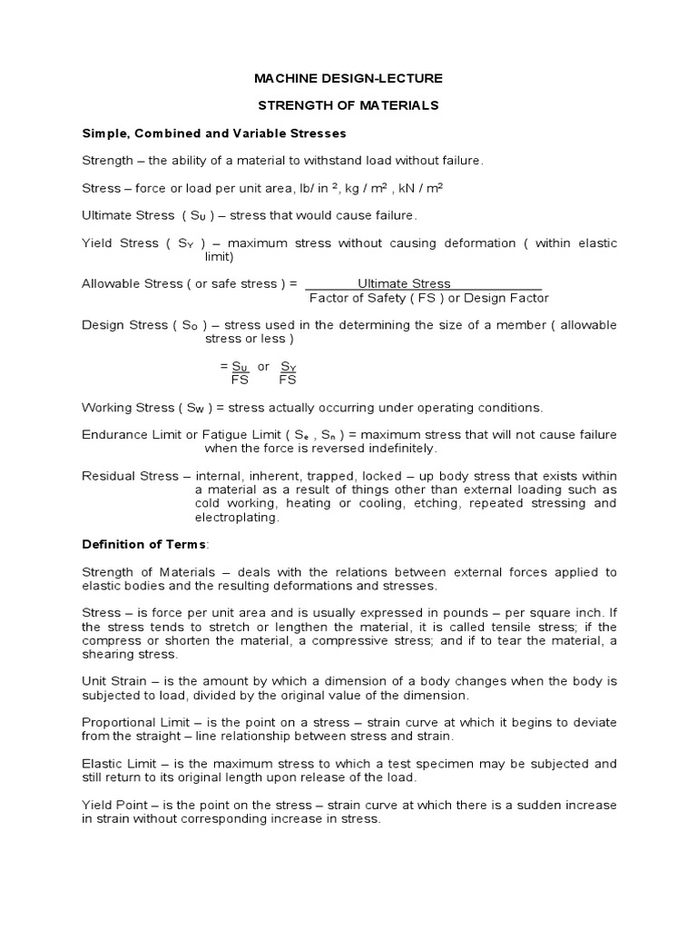 Machine Design-Lecture Strength of Materials Simple, Combined and Variable Stresses | PDF ...