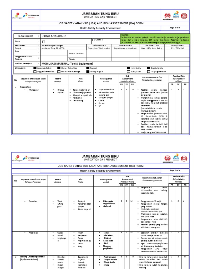 Form JSA Mobilisasi Material | PDF