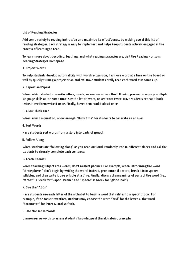 List of Reading Strategies | PDF | Phonics | Reading Comprehension