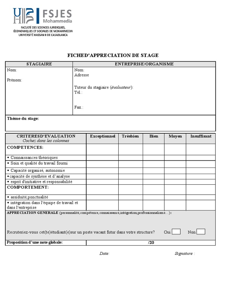 Fiche D Appreciation de Stage | PDF