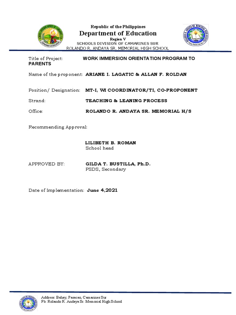 Project Proposal - Work Immersion ORSEM | PDF | Business | Science