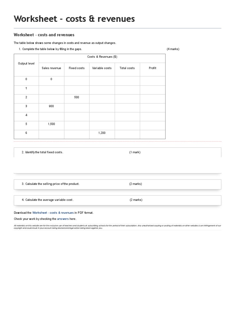 1-Dec-20 IB Business Management Worksheet - Costs Revenues | PDF