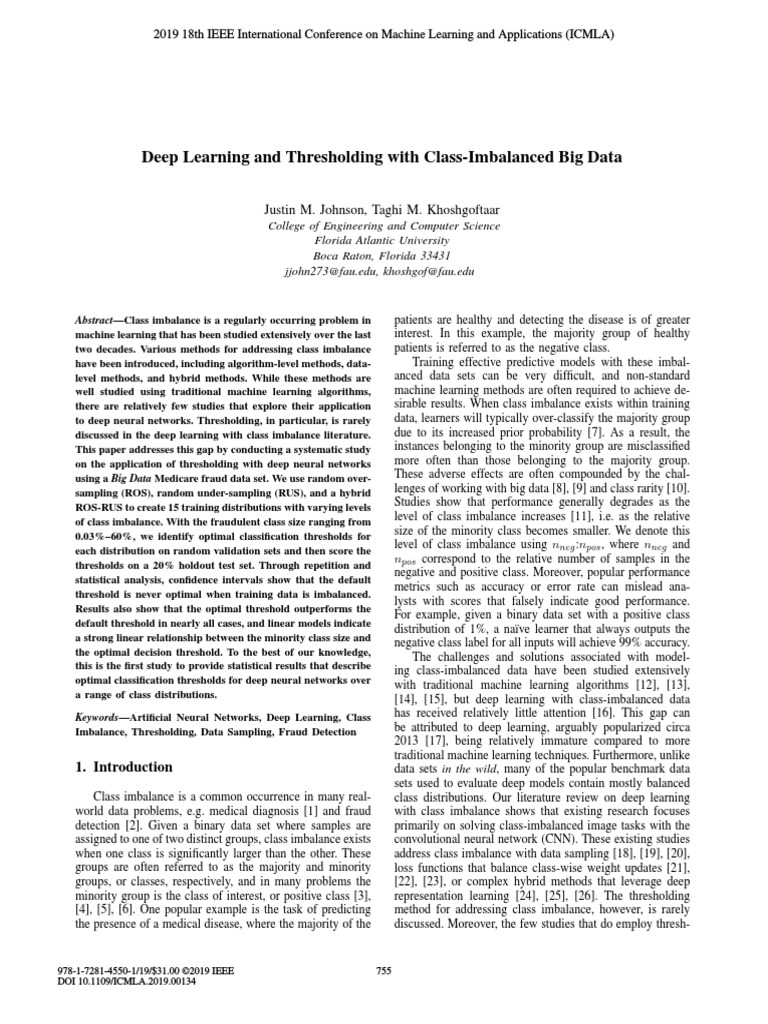 Deep Learning and Thresholding With Class-Imbalanced Big Data | PDF | Receiver Operating ...
