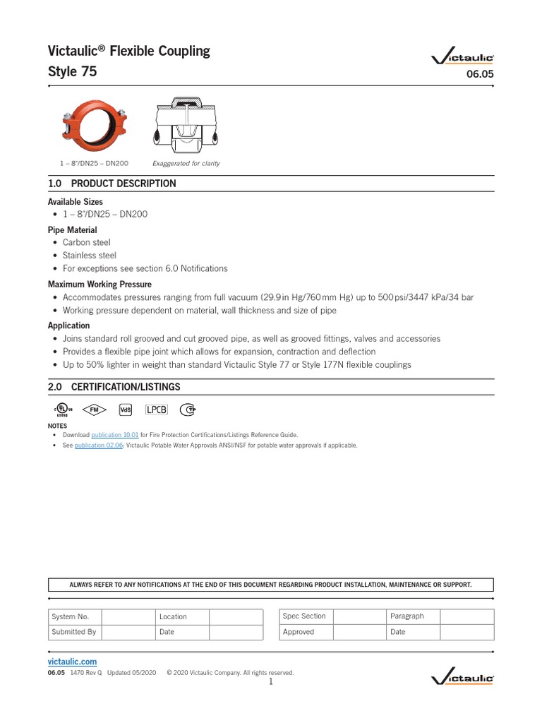 Victaulic Flexible Coupling Style 75: 1.0 Product Description | PDF ...
