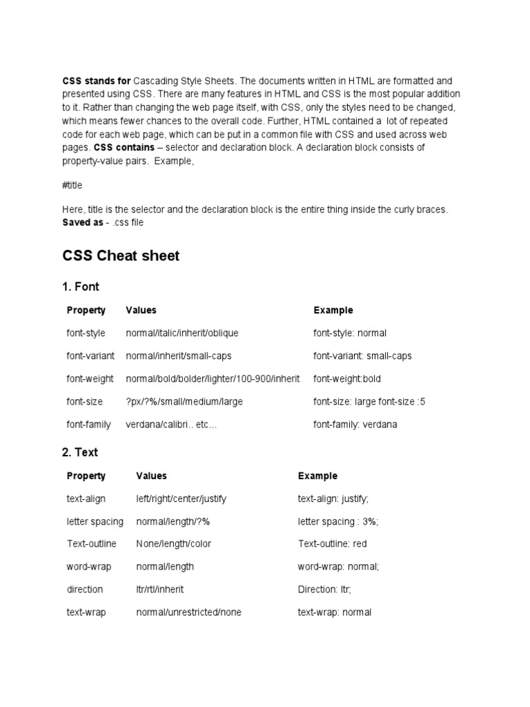 CSS Cheat Sheet: 1. Font | PDF | Hertz | Text