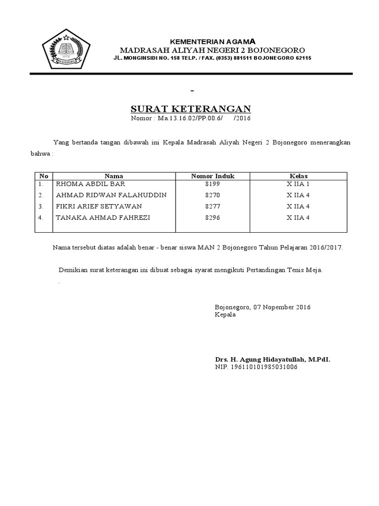 Surat Keterangan Siswa MAN 2 Bojonegoro | PDF