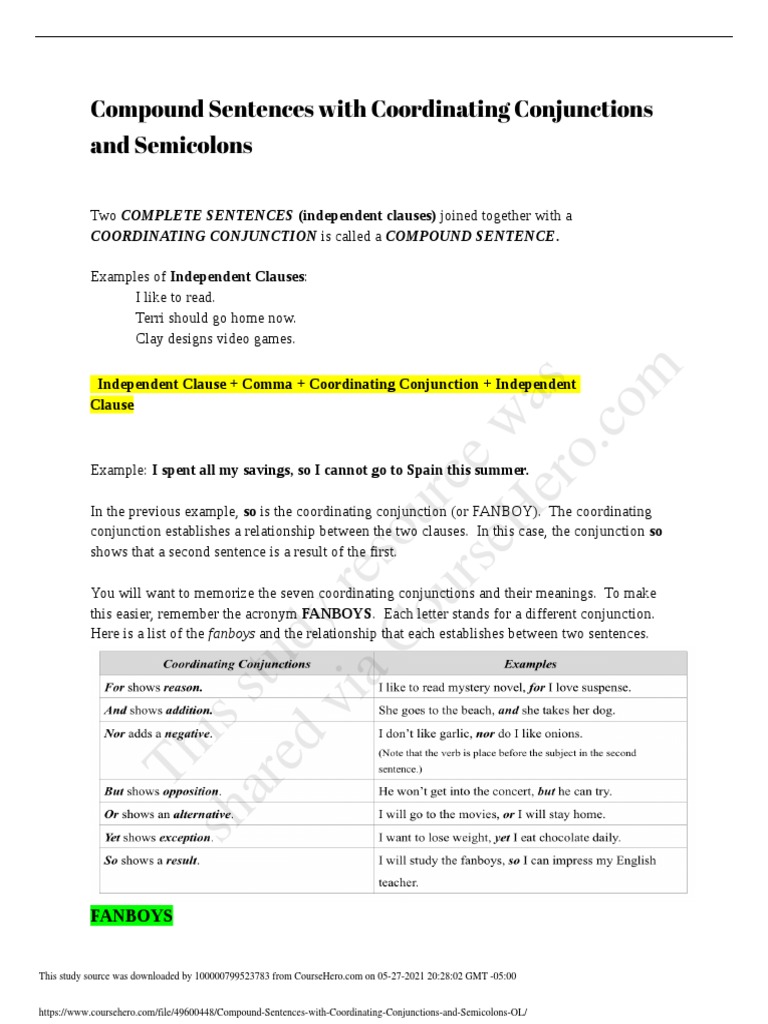Compound Sentences With Coordinating Conjunctions and Semicolons OL ...