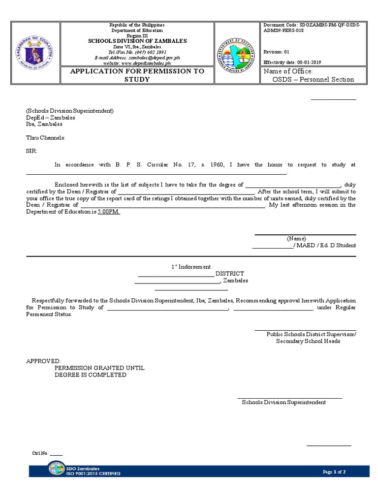 18 Application For Permission To Study | PDF | Business | Further Education