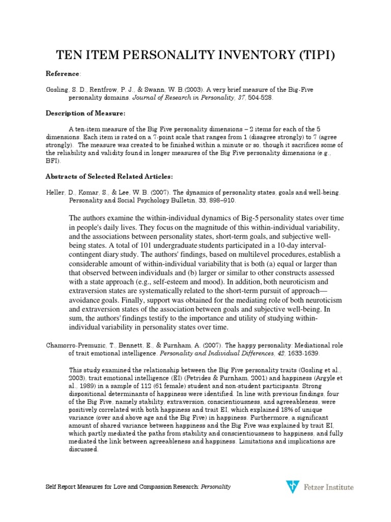 Ten Item Personality Inventory (Tipi) : Reference | PDF | Emotional ...