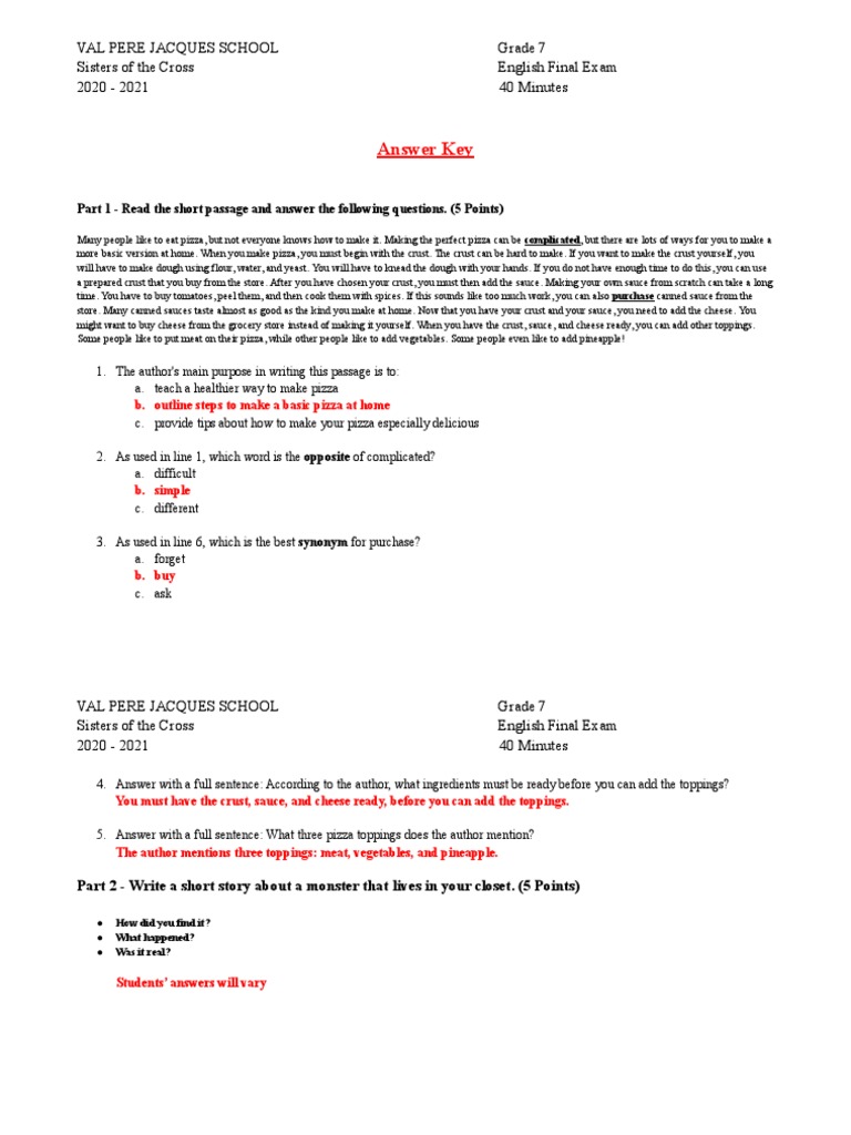 Answer Key - Grade 2-3 - English Exam Reading & Writing | PDF | Pizza ...