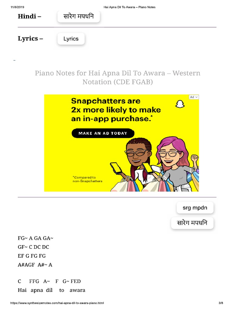 Hai Apna Dil To Awara - Piano Notes | PDF