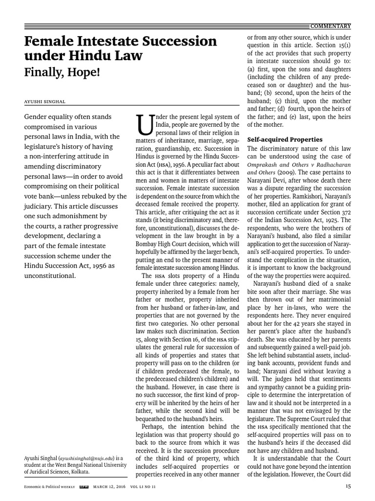 Female Intestate Succession Under Hindu | PDF | Inheritance | Marriage