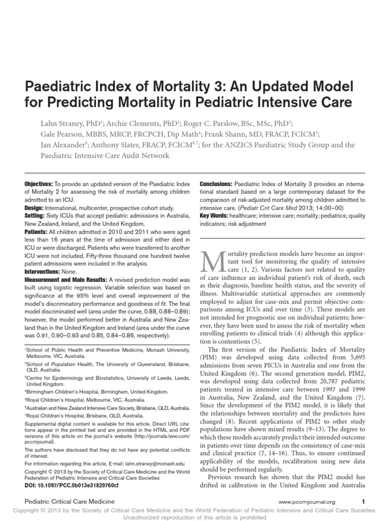 Paediatric Index of Mortality 3 | PDF