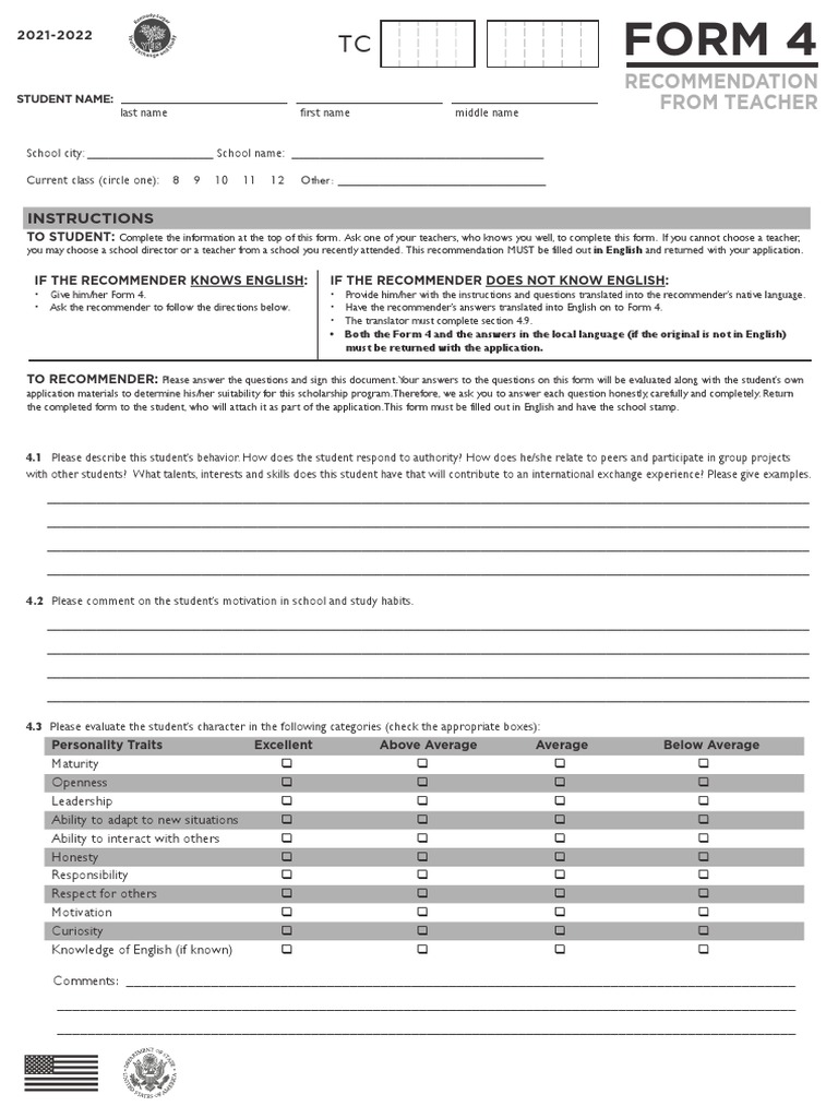 Teacher Recommendation Form TC 2021-2022 | PDF | Motivation | Motivational