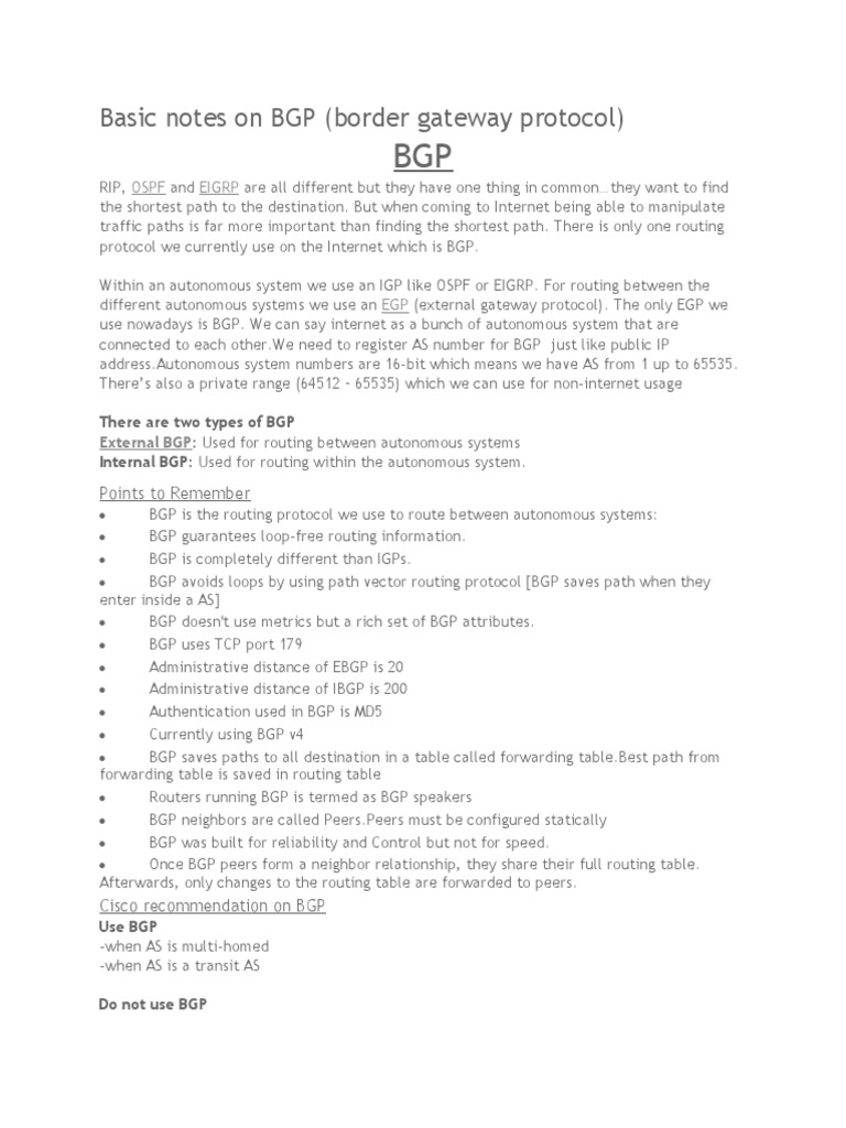 Basic Notes On BGP (Border Gateway Protocol) : Ospf Eigrp | PDF ...