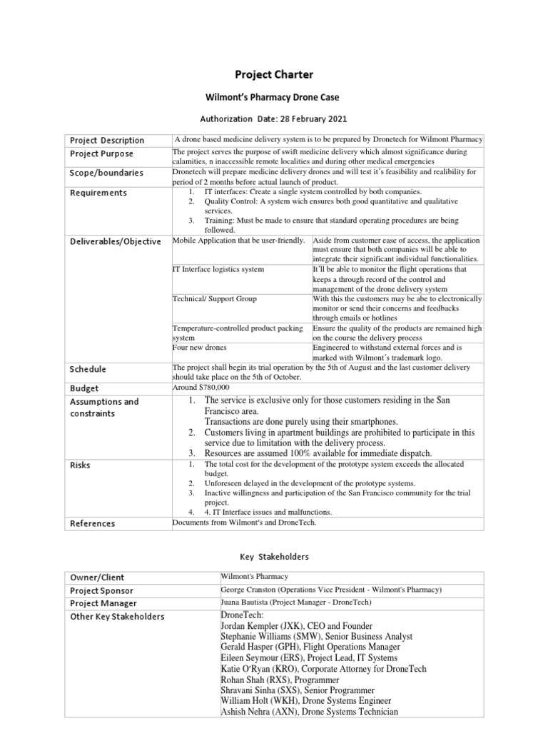 Project Charter: Wilmont's Pharmacy Drone Case | PDF | System | Usability