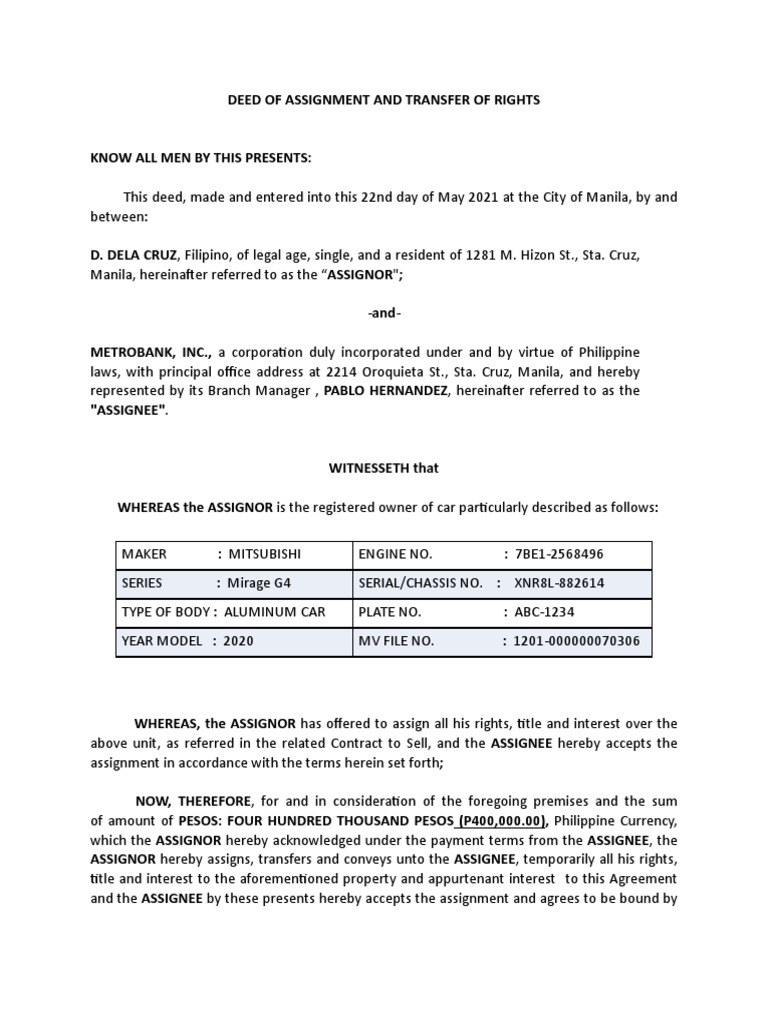 Deed Of Assignment Transfer Of Rights Pdf Assignment Law